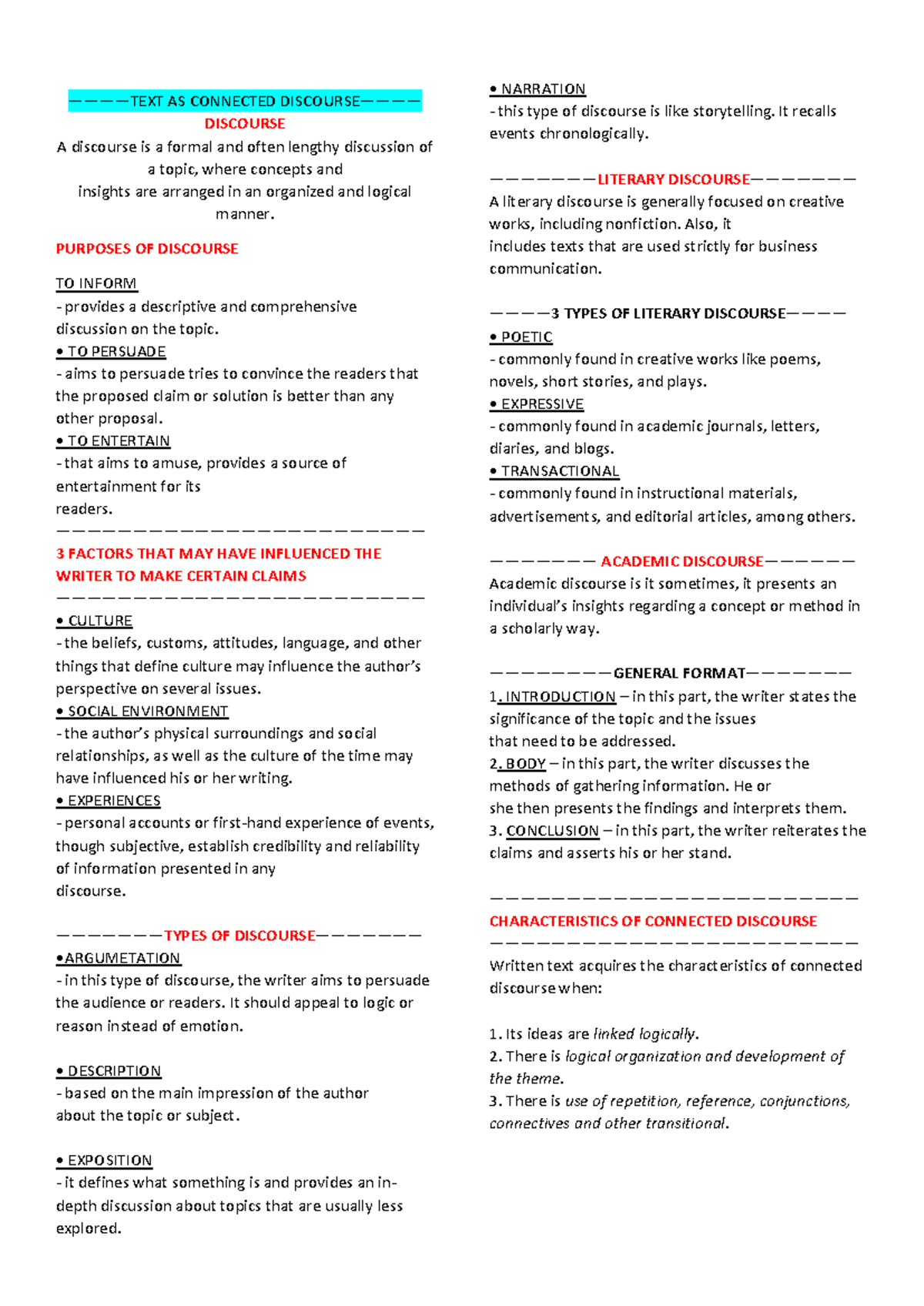 Reading & Writing - ————TEXT AS CONNECTED DISCOURSE———— DISCOURSE A discourse is a formal and ...