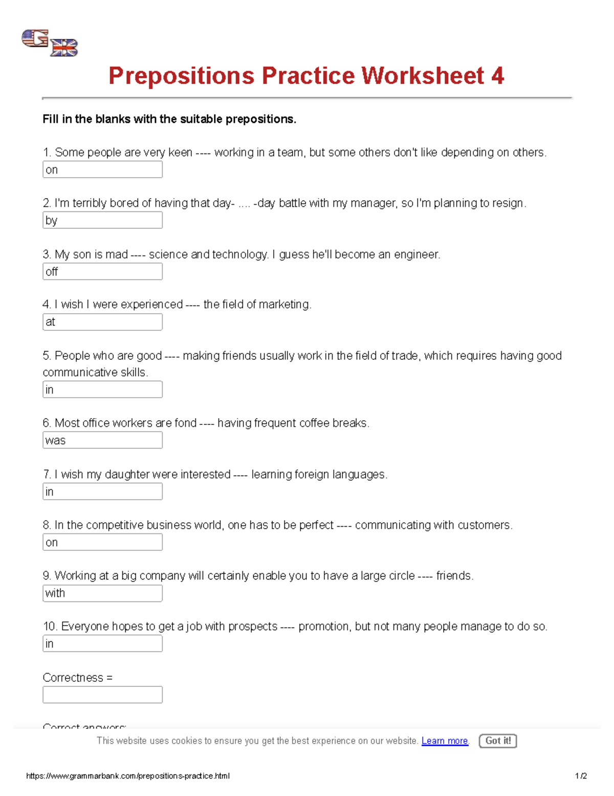 Prepositions Practice Worksheet 4 - Grammar Bank - grammarbank ...