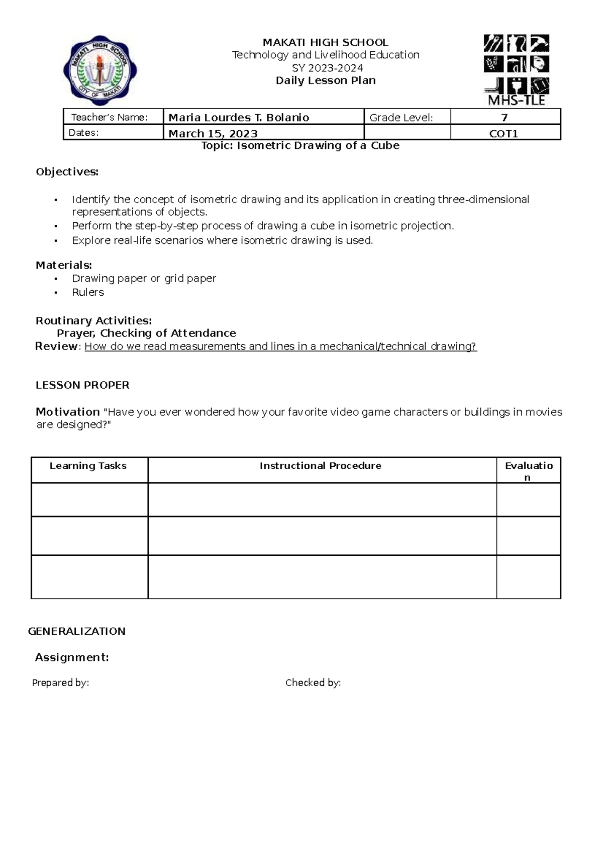 Classroom Observation Tool Sample Lesson Plan - MAKATI HIGH SCHOOL ...