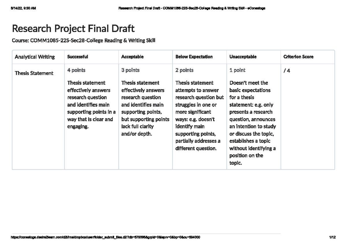 Final draft rubric - NOTES - EC2305 - Studocu