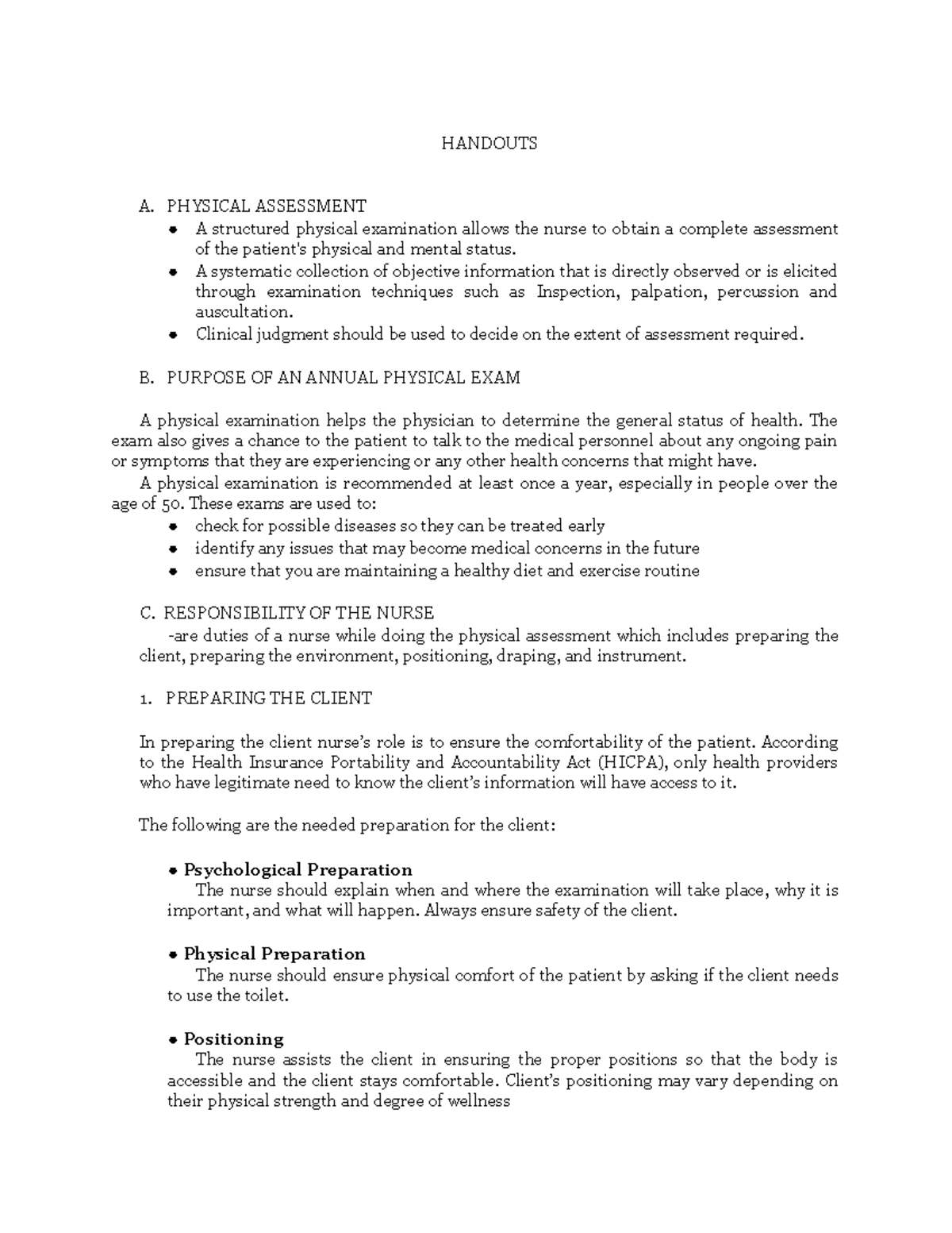 Physical Assessment Handouts - HANDOUTS A. PHYSICAL ASSESSMENT A ...
