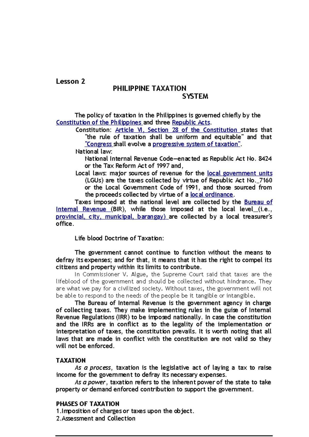 Module 3 Lesson 2 - Lesson 2 PHILIPPINE TAXATION SYSTEM The policy of ...