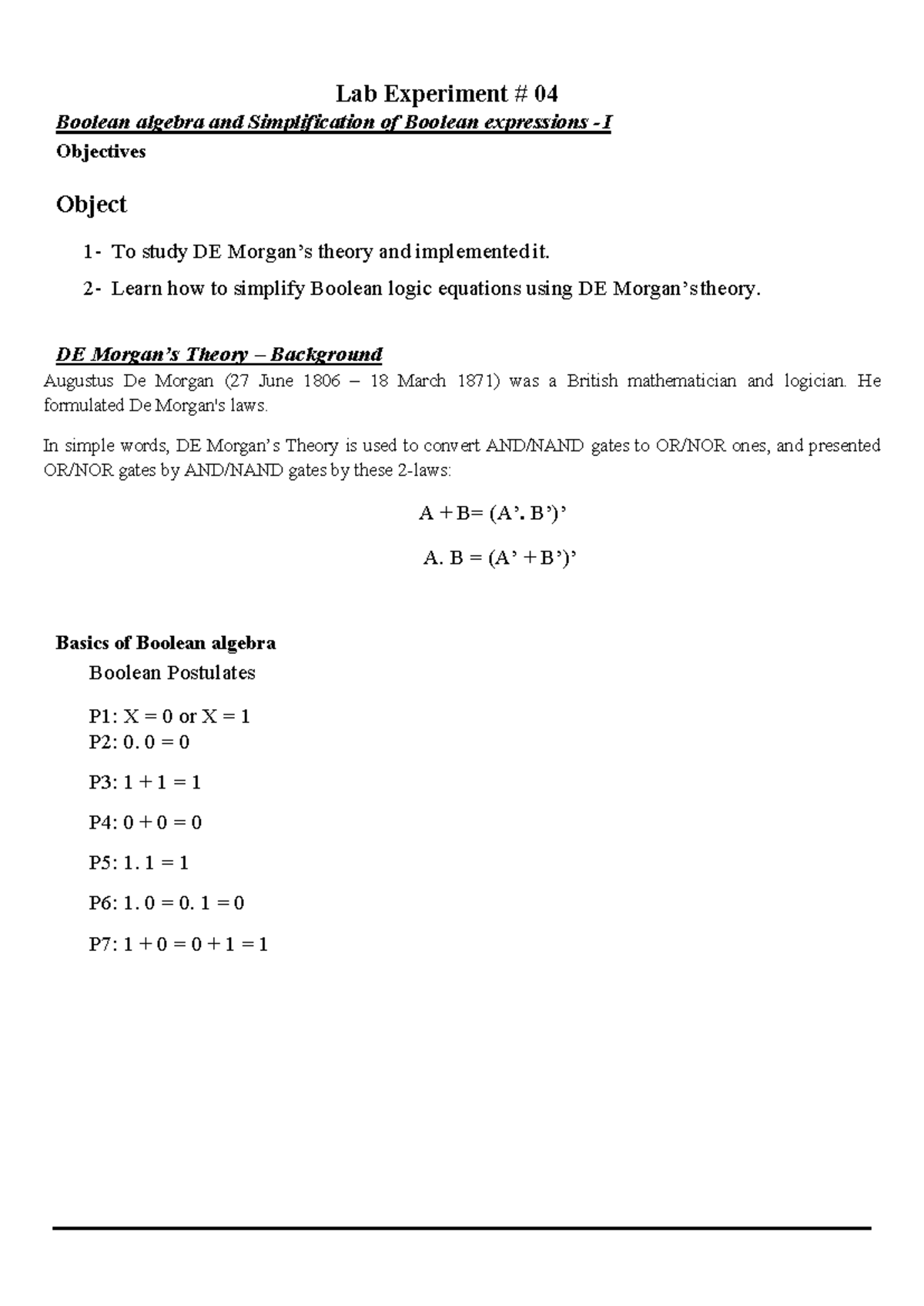 CS302 - Lab Manual - Week No - Lab Experiment # 04 Boolean algebra and Simplification of Boolean ...
