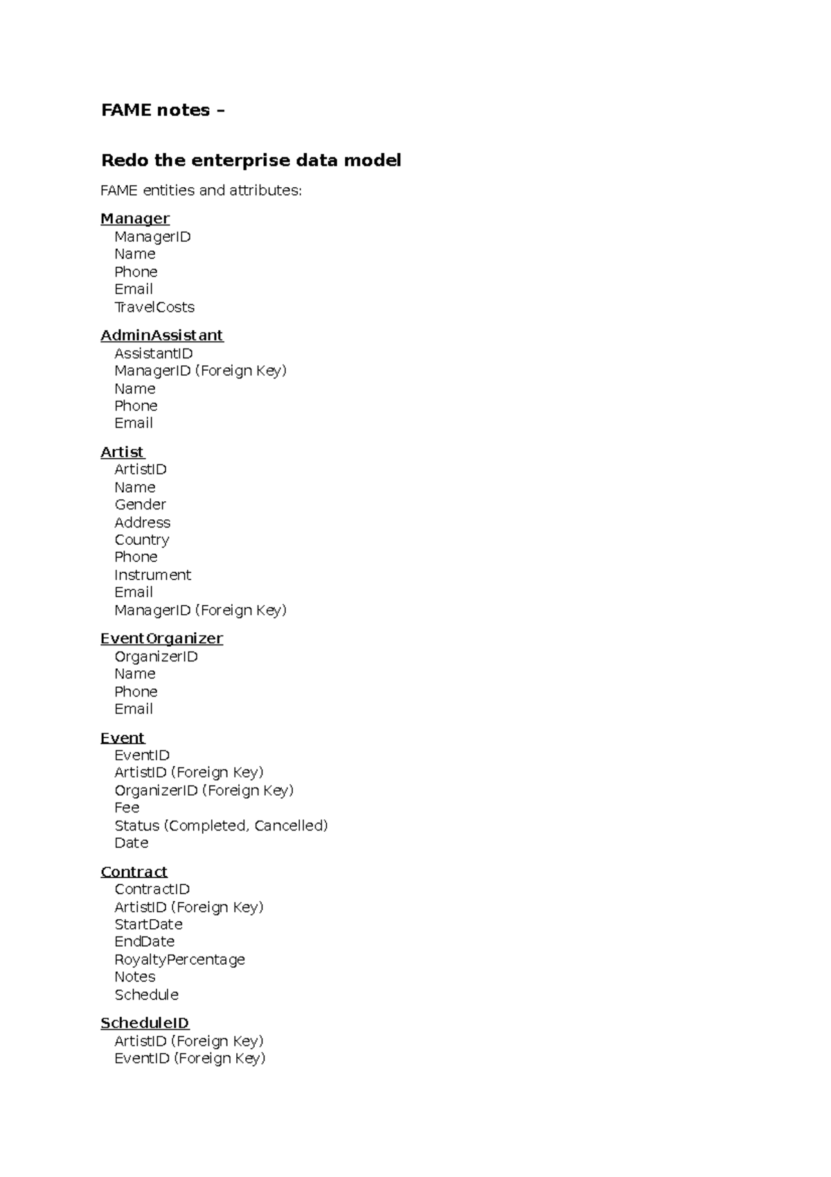 FAME notes - Summary of entities, attributes and relationships based on ...