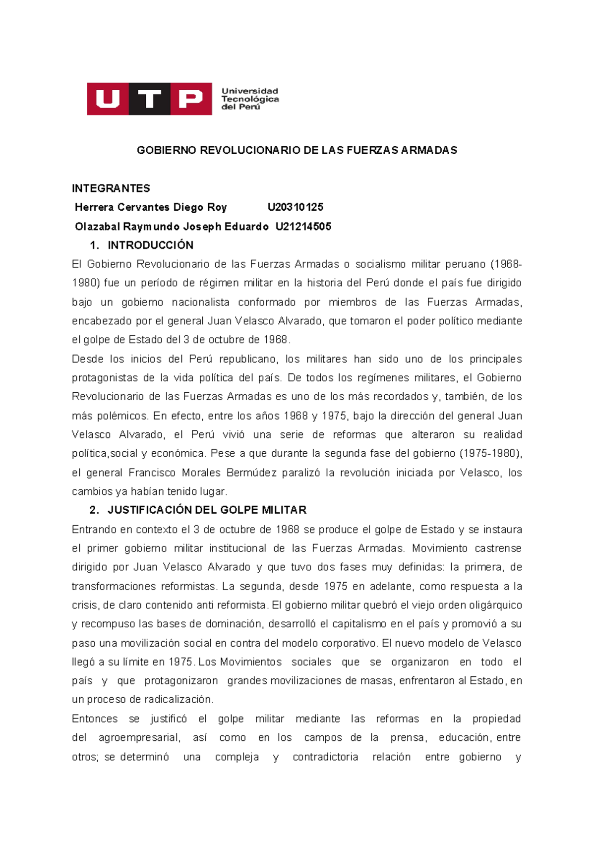 Ensayo UTP - GOBIERNO REVOLUCIONARIO DE LAS FUERZAS ARMADAS INTEGRANTES ...