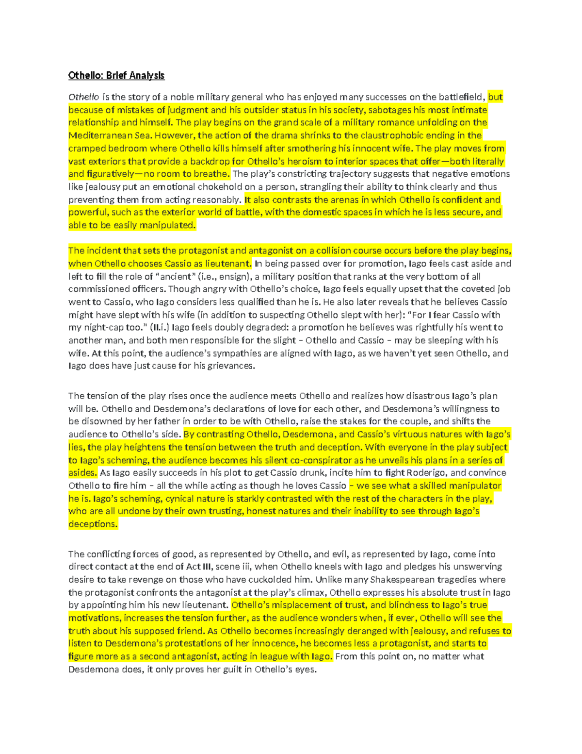 Othello Full play analysis - Othello: Brief Analysis Othello is the ...