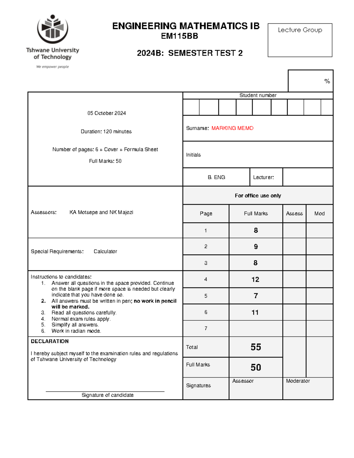 EM115BB WR2 Final Memo QQ - ENGINEERING MATHEMATICS IB EM115BB 202 4B ...