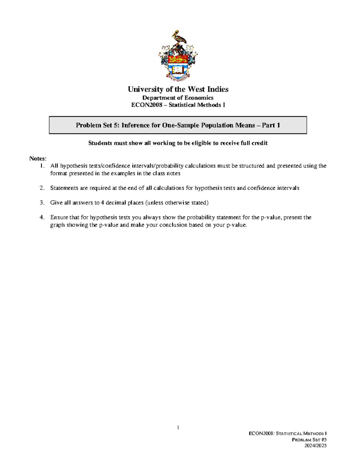 Problem Set 5 - Inference for One-Sample Population Means - Part 1 - Updated - 1 ECON2008: - Studocu