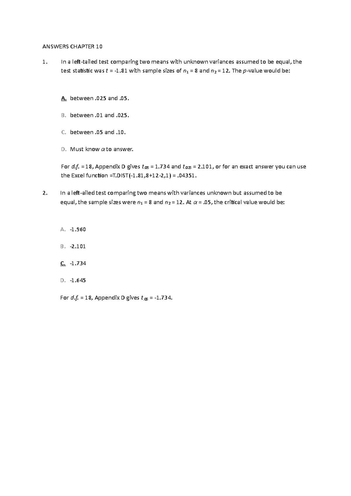 SB Test Bank Chapter 10 - ANSWERS CHAPTER 10 In a left-tailed test ...