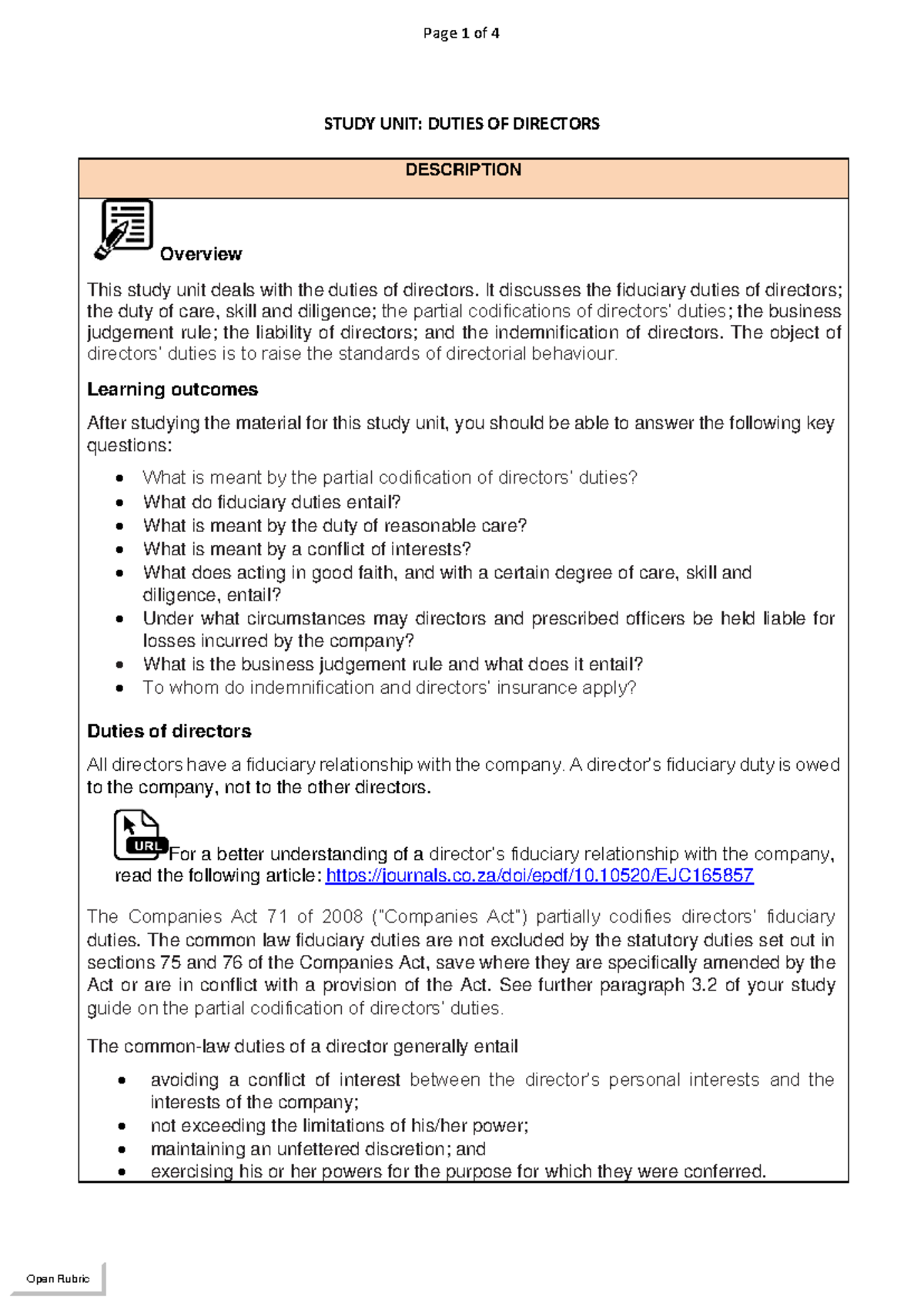 Summary - Duties OF Directors - STUDY UNIT: DUTIES OF DIRECTORS DESCRIPTION Overview This study ...