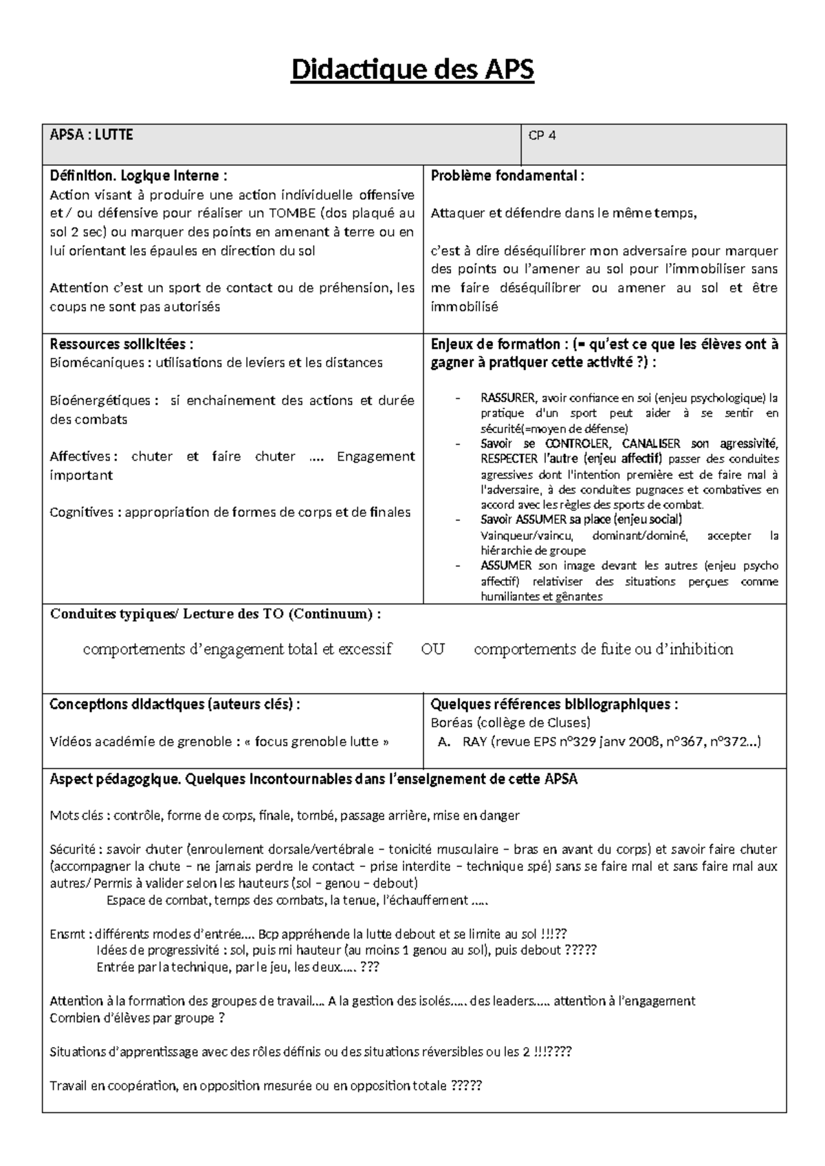 Fiche Didactique lutte - Didactique des APS APSA : LUTTE CP 4 ...