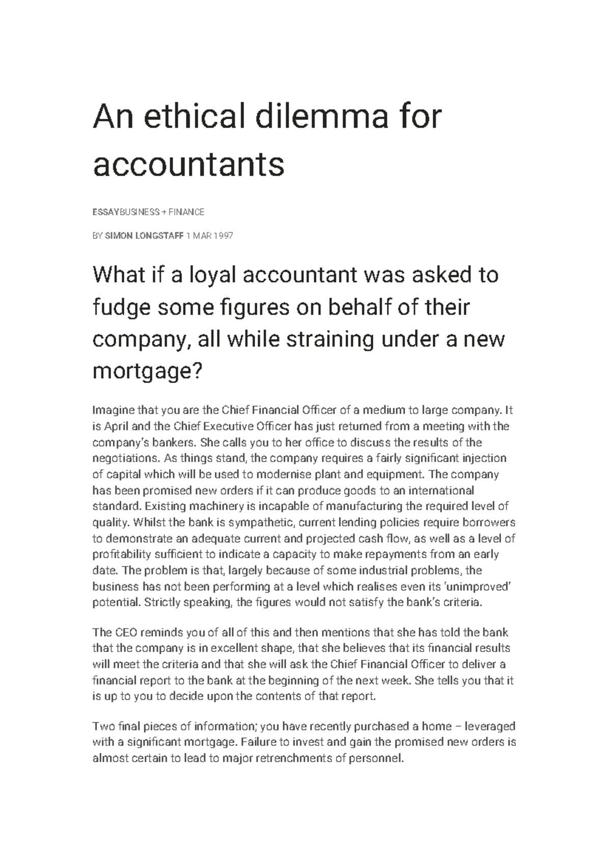 An ethical dilemma for accountants - An ethical dilemma for accountants ...