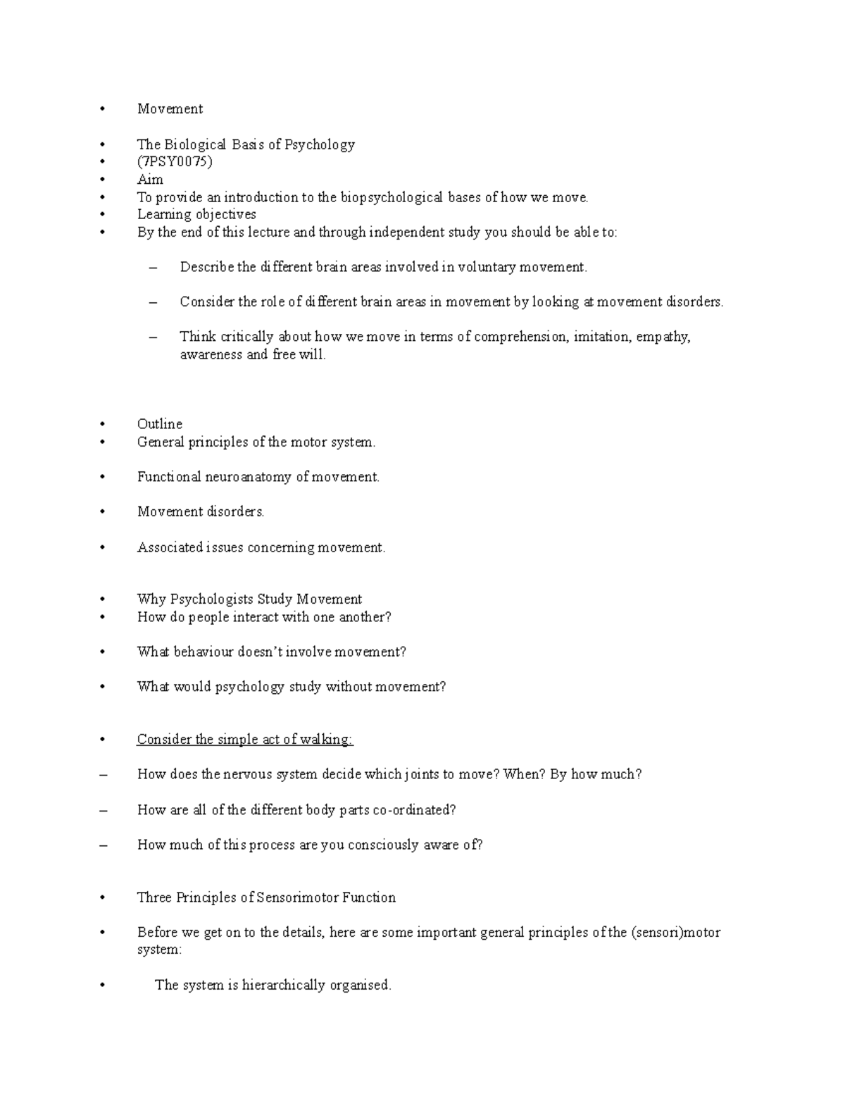 Movement - Summary - • Movement • • • • • • The Biological Basis of ...