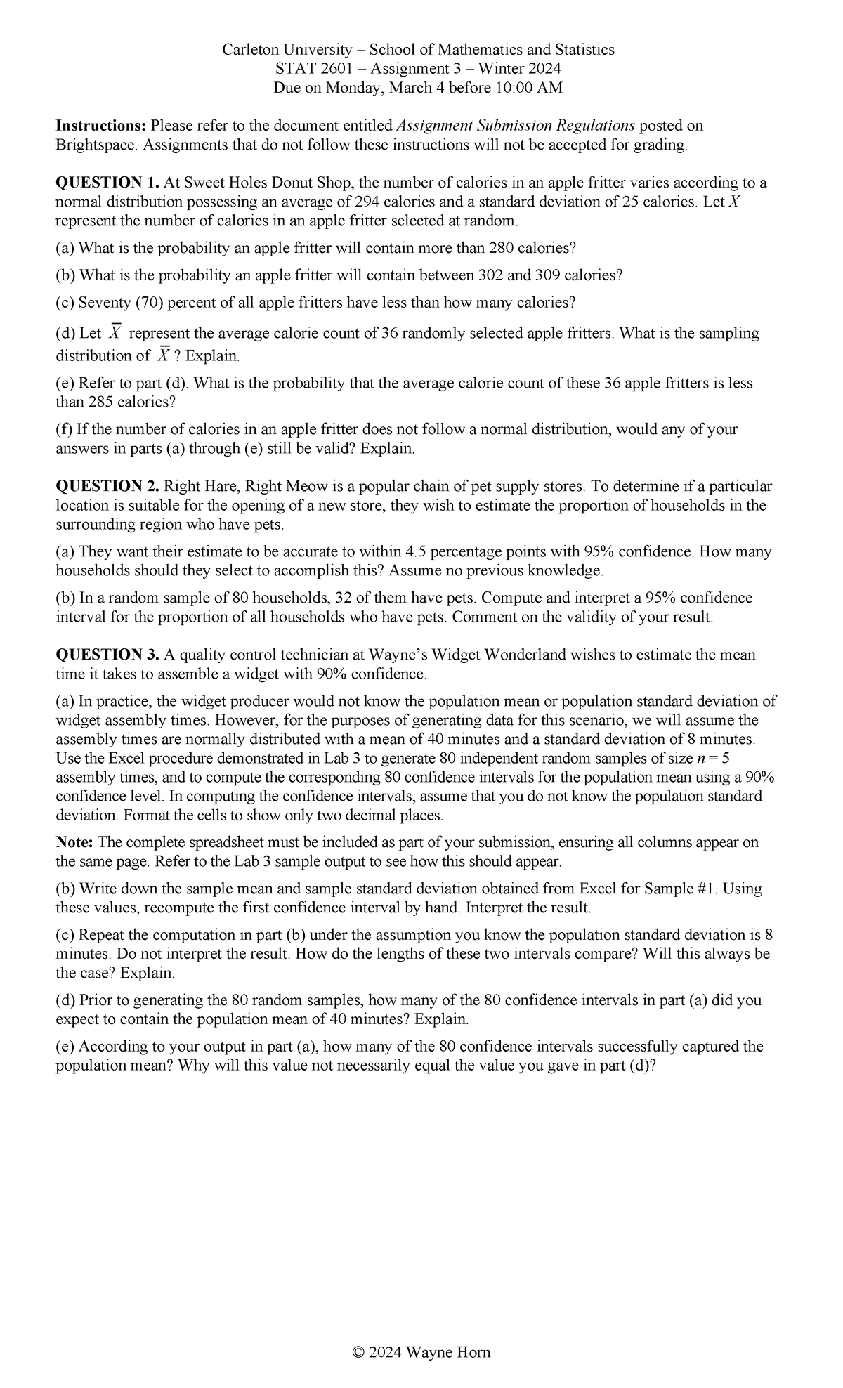 STAT 2601 Assignment 3 Winter 2024 - © 2024 Wayne Horn Carleton University – School of ...