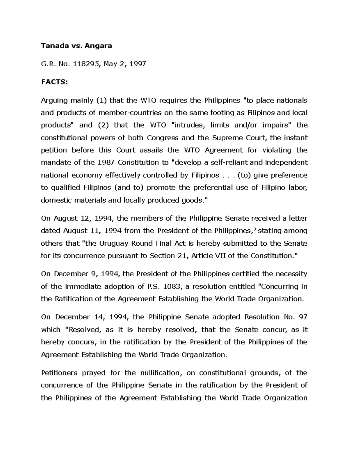 Tanada vs. Angara G.R. No. 118295, May 2, 1997 (case digest) - Tanada ...