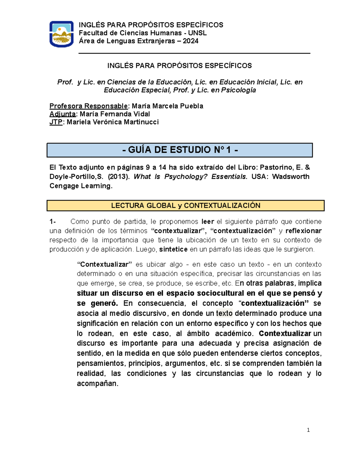 Gu-a de estudio N.- 1 - 2024 - Facultad de Ciencias Humanas - UNSL Área de Lenguas Extranjeras ...