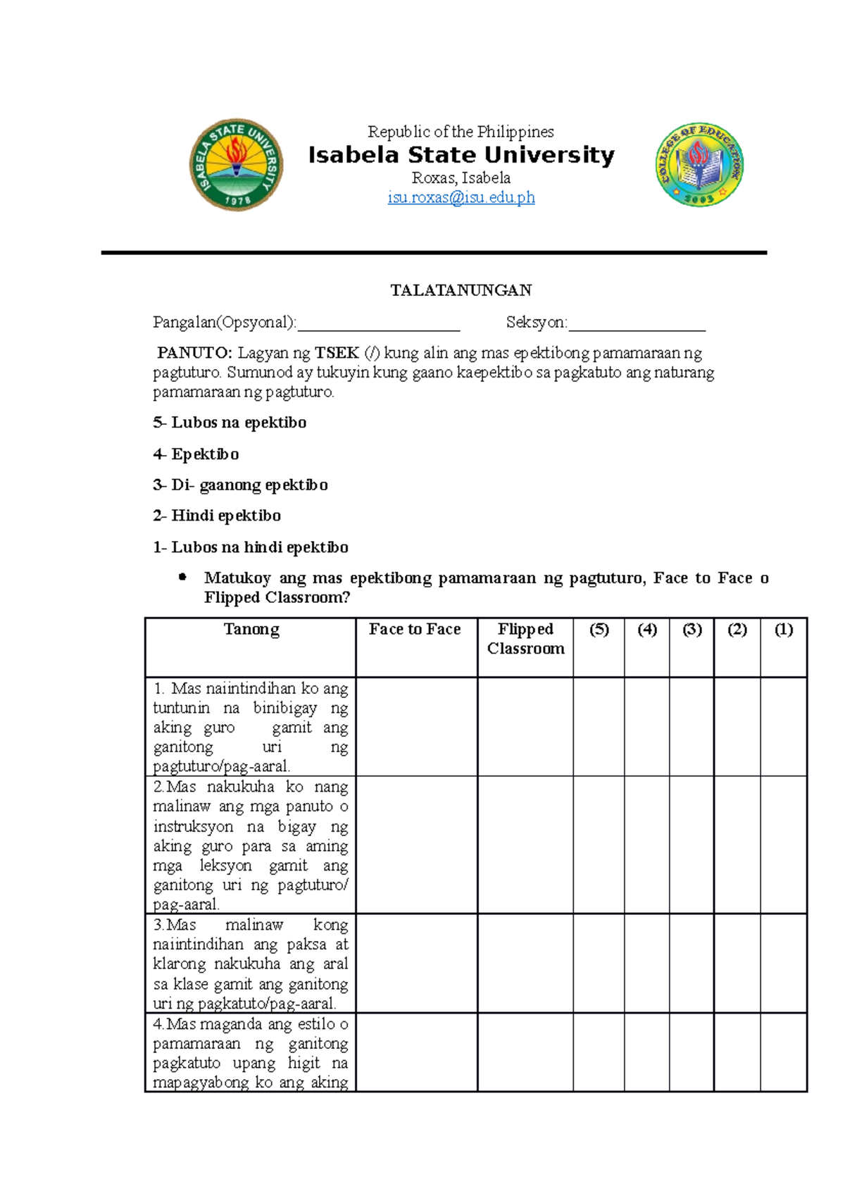 Questionaire - For education - Republic of the Philippines Isabela ...