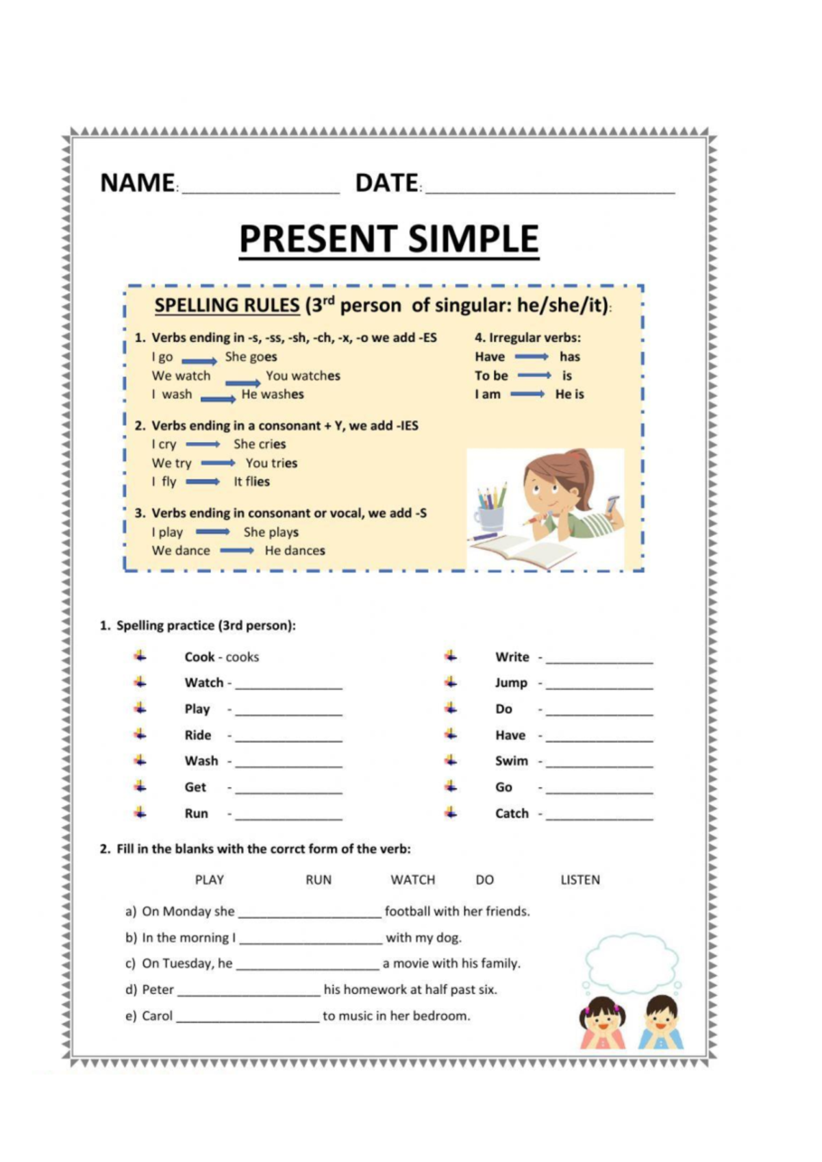 Ficha Presente Simple - NAME DATE: PRESENT SIMPLE SPELLING RULES (3rd ...