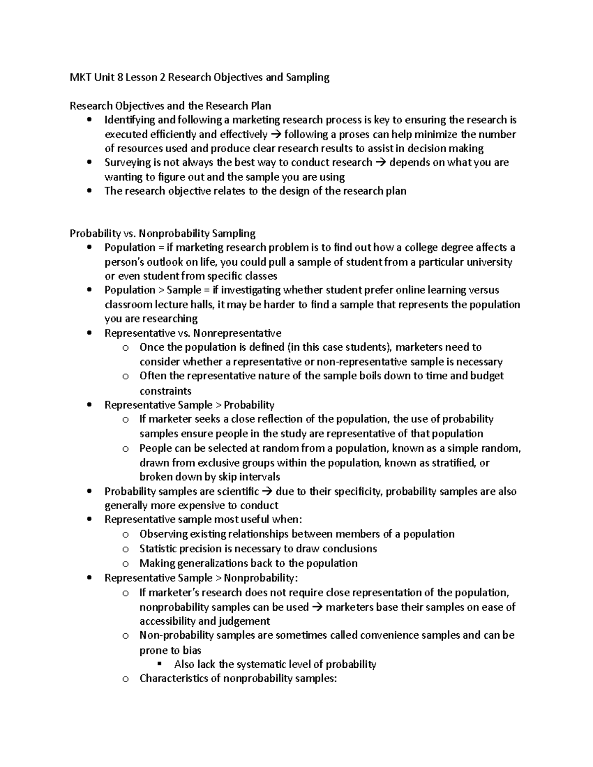 MKT Unit 8 Lesson 2 Research Objectives and Sampling - MKT Unit 8 ...