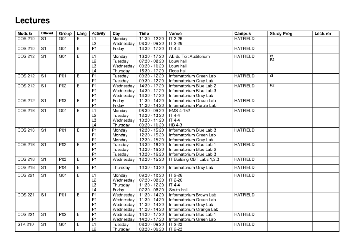 UP MOD XLS - TIME TABLE FOR CLASS - Lectures Module Offered Group Lang ...