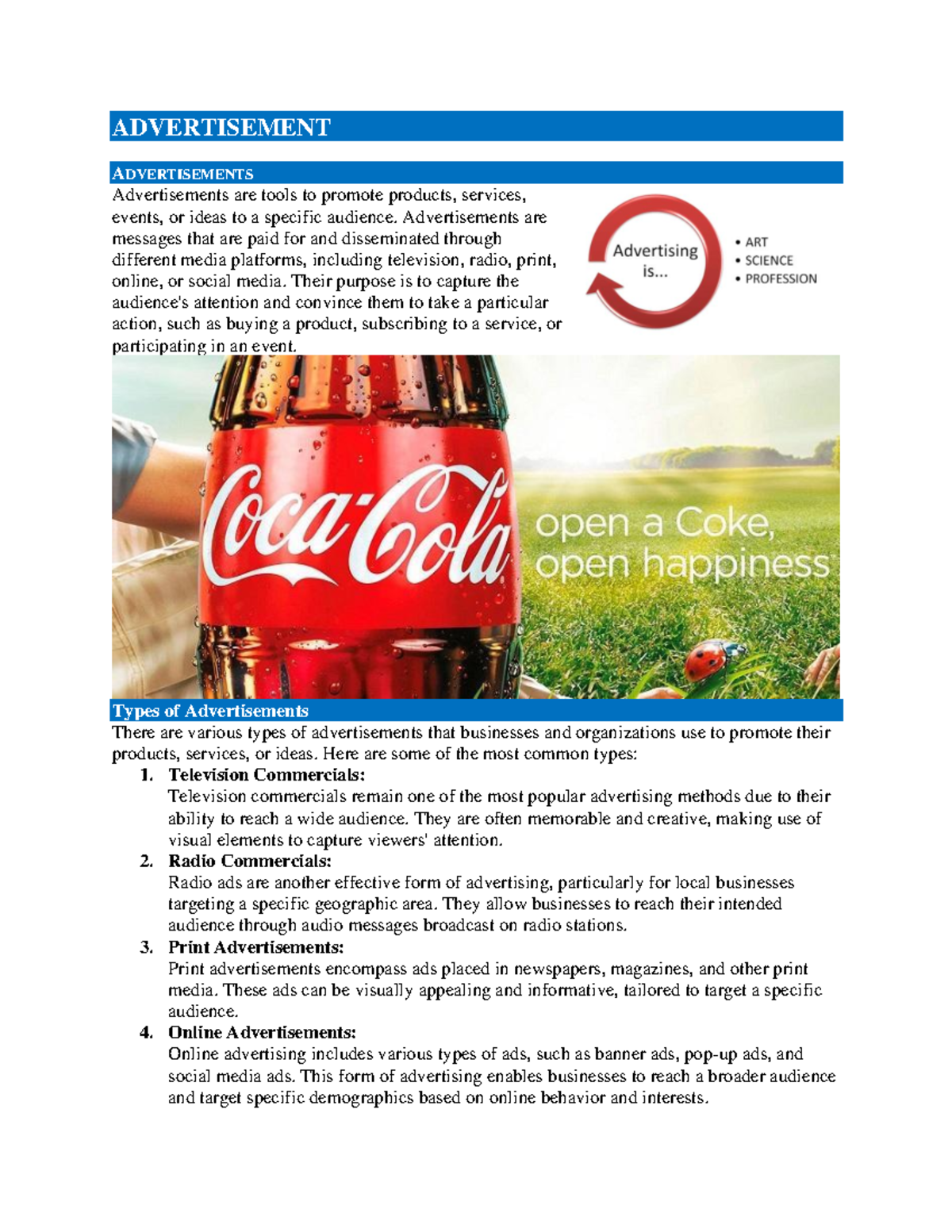 Advertisement - ADVERTISEMENT ADVERTISEMENTS Advertisements are tools ...