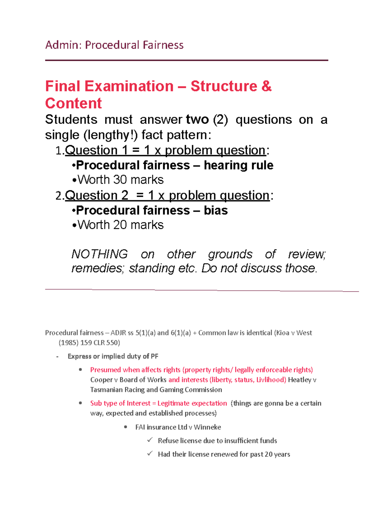 Admin notes LLB385 - Admin: Procedural Fairness Final Examination ...