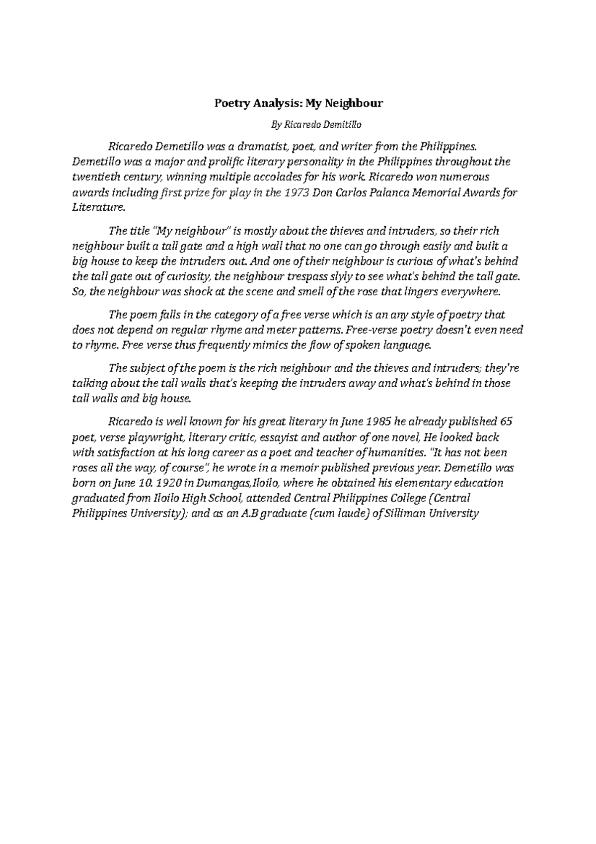 Literary-analysis poetry - Poetry Analysis: My Neighbour By Ricaredo ...