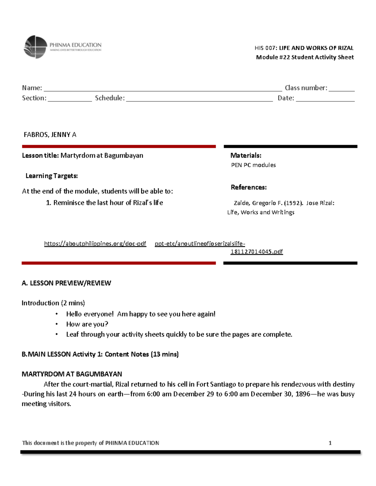 SAS-22-HIS-007 Fabros - Module #22 Student Activity Sheet Name: - Studocu