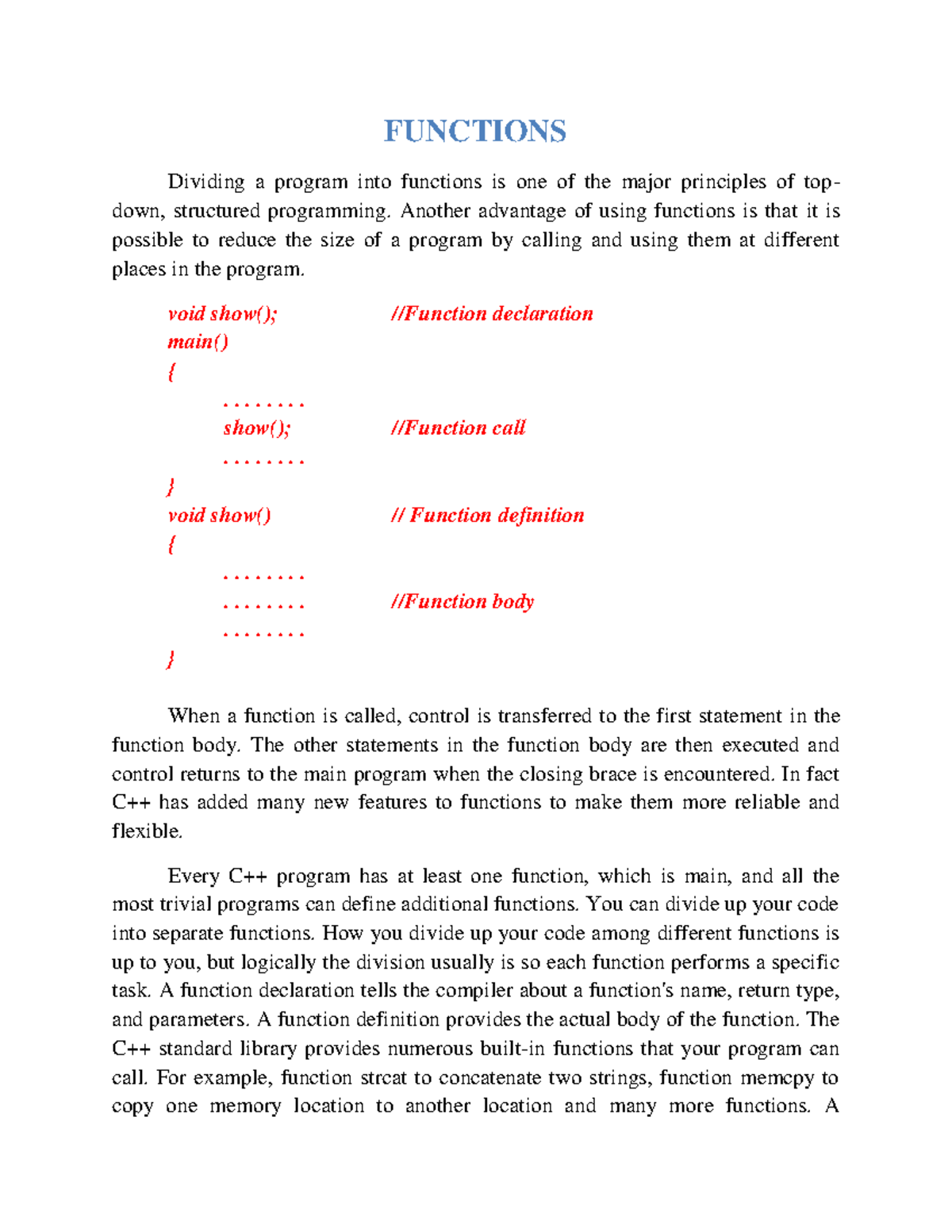 Functions in C- CHE - It's a lecture note - FUNCTIONS Dividing a ...