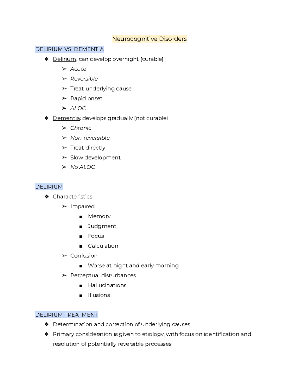 N222 Neuro Disorders - Neurocognitive Disorders DELIRIUM VS. DEMENTIA ...