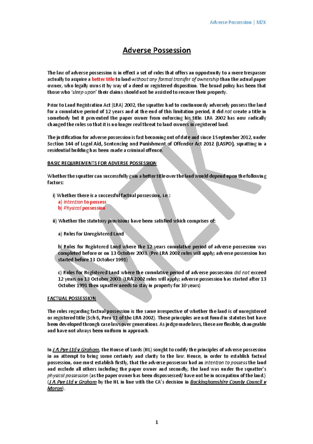 Adverse Possession - Adverse Possession The law of adverse possession ...