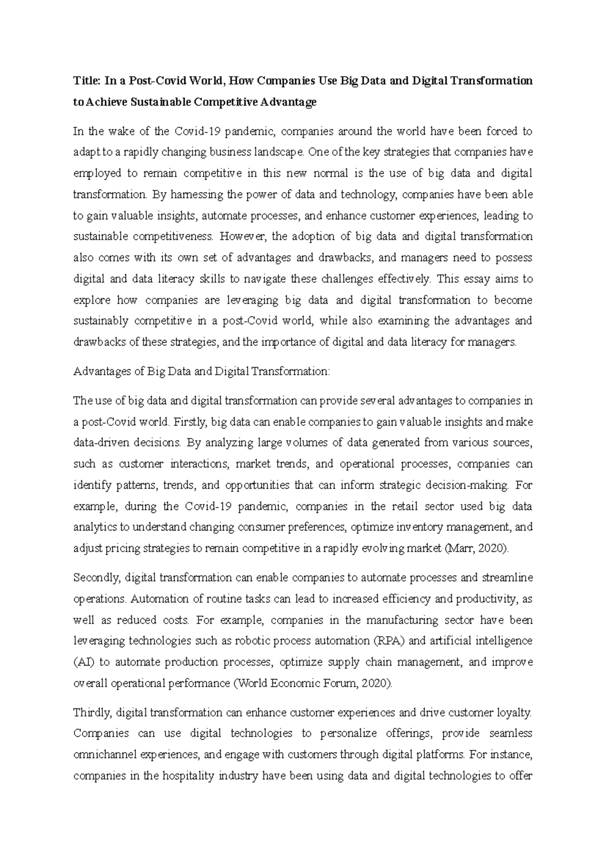Essay - asdasdasd - Title: In a Post-Covid World, How Companies Use Big ...