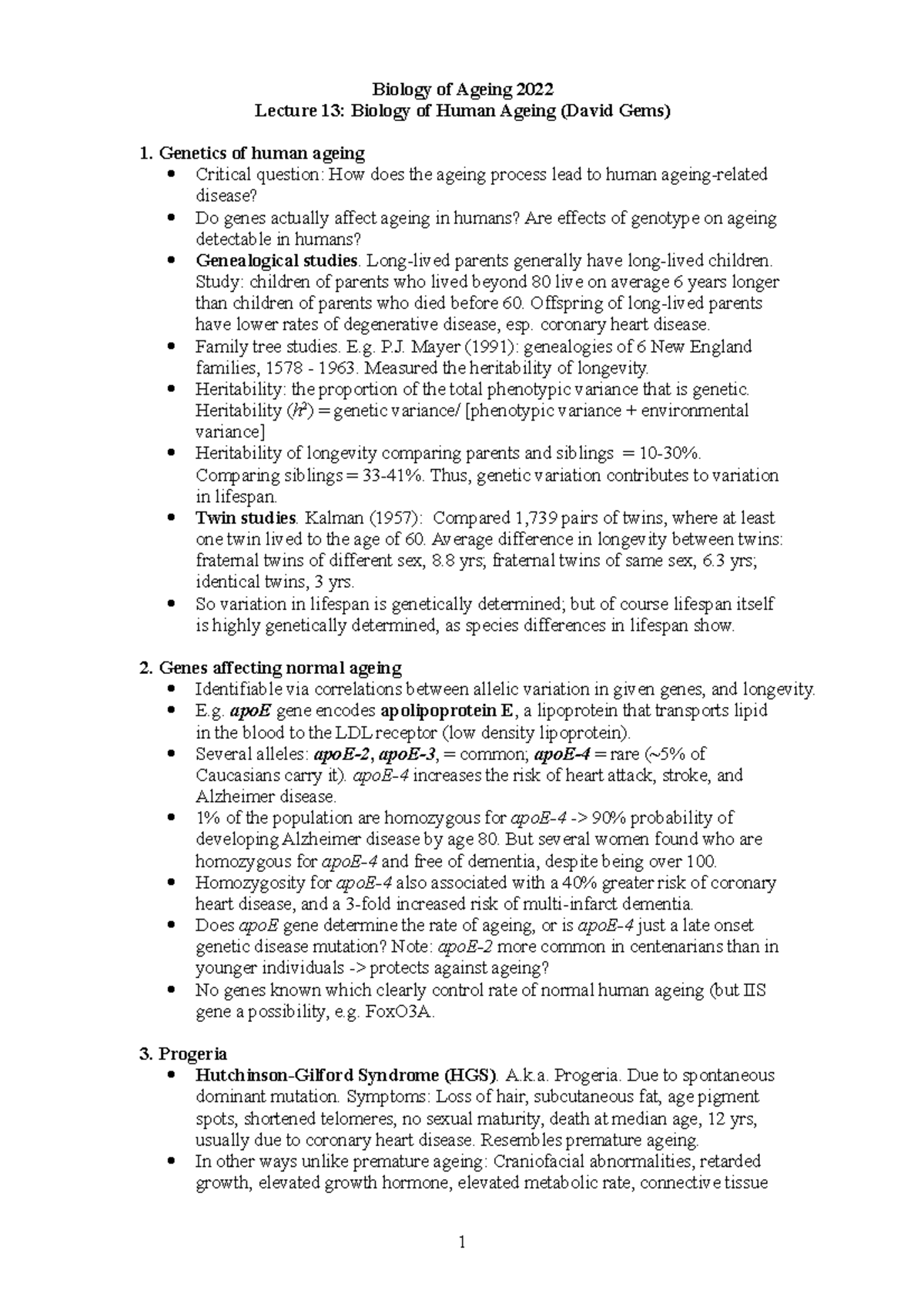 Lecture 13 handout - ============================ - Biology of Ageing ...