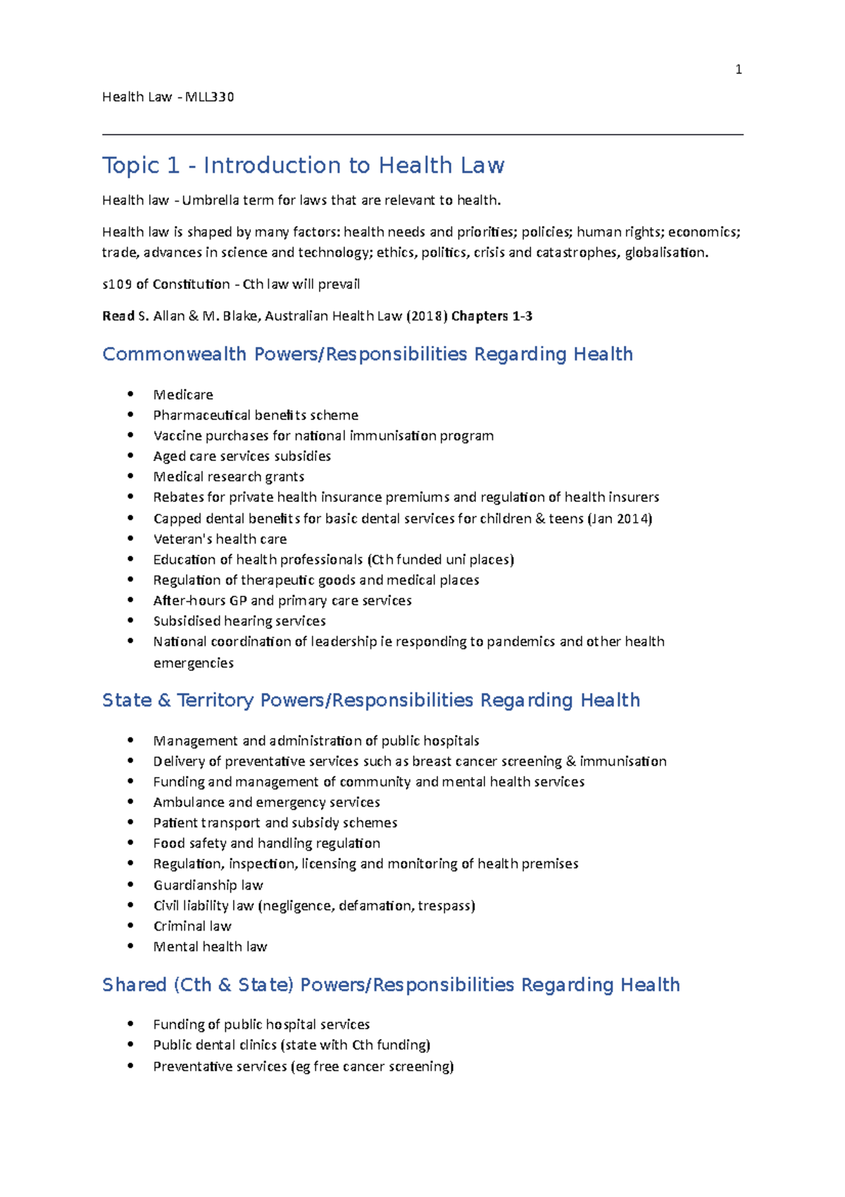 Health Law - Notes - 1 Health Law - MLL330 Topic 1 - Introduction to ...