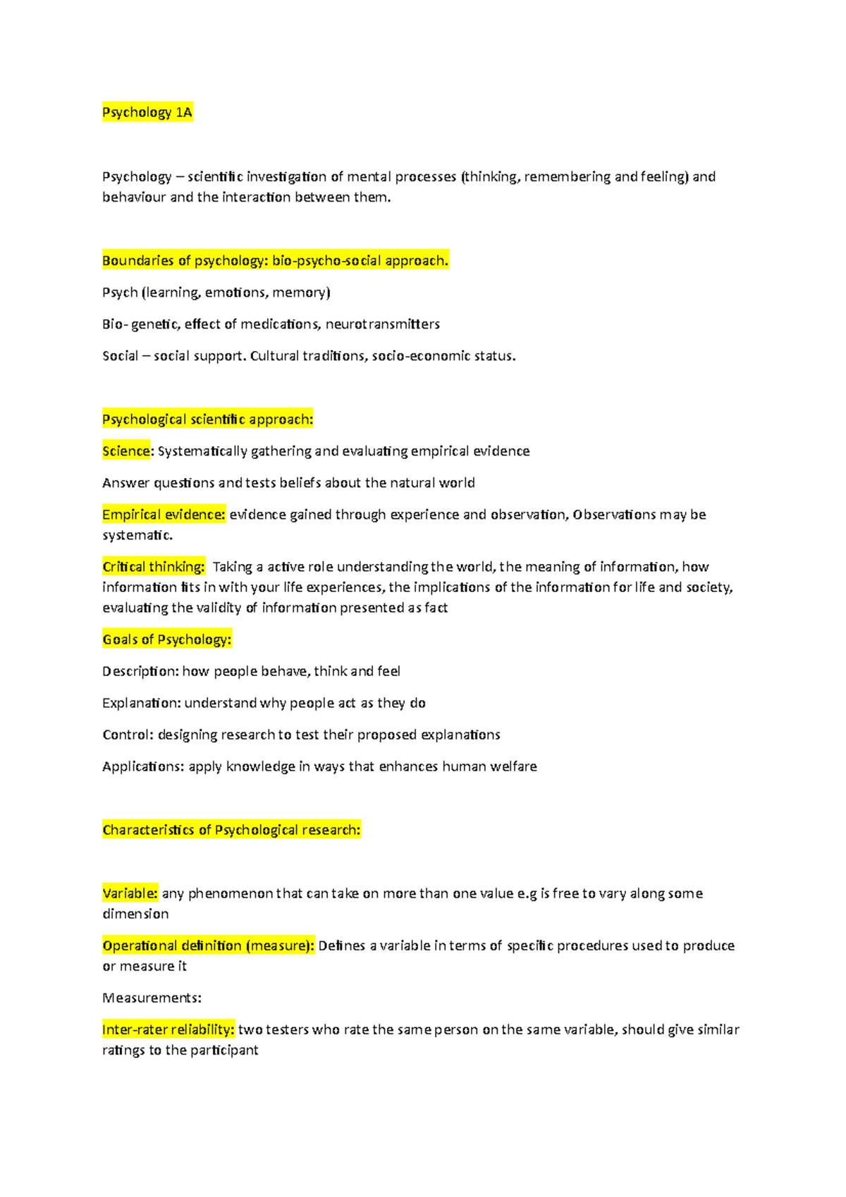 Psych A - Lecture notes - Psychology 1A Psychology – scientific ...