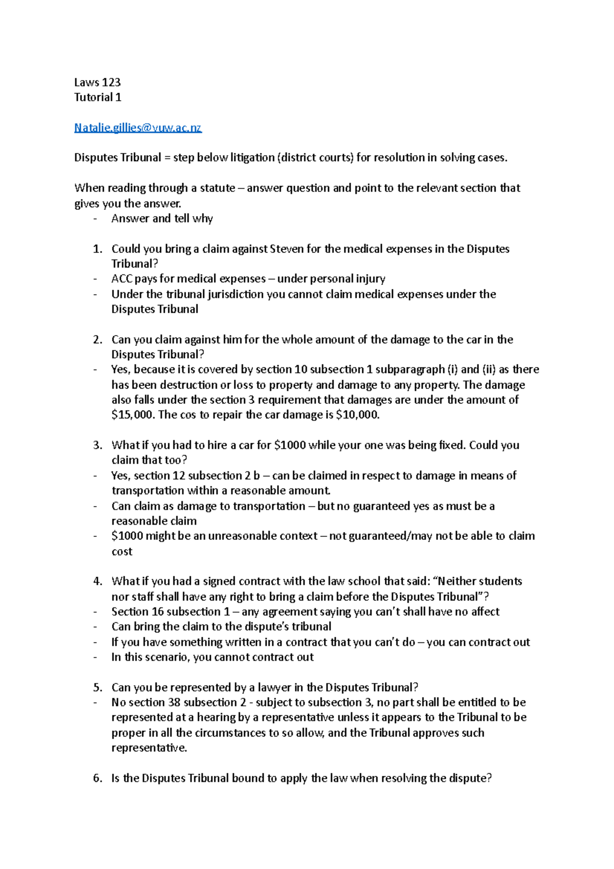 Tutorial 1 - Laws 123 Tutorial 1 Natalie@vuw.ac Disputes Tribunal ...