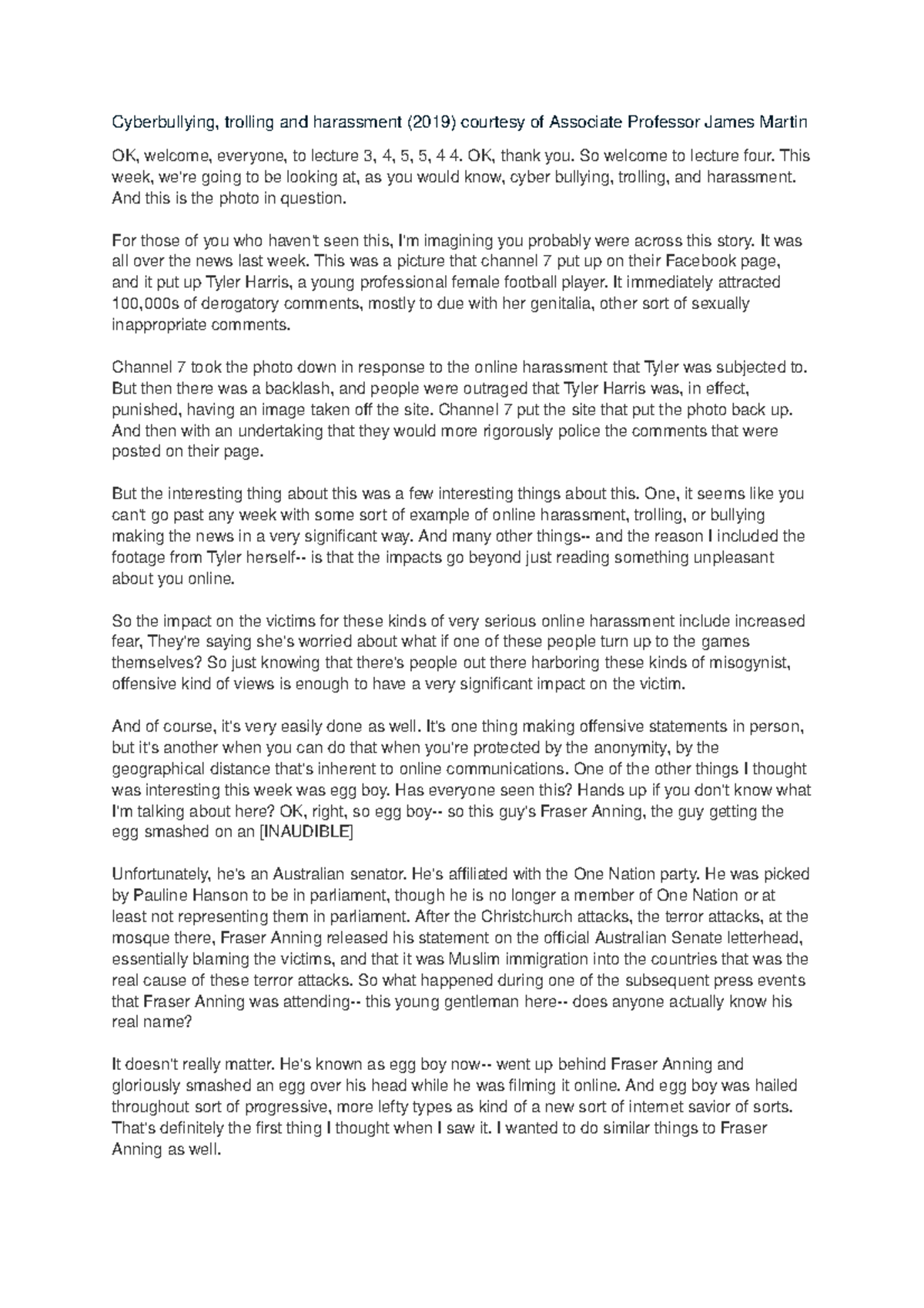 Cyberbullying, trolling and harassment transcript - Cyberbullying ...