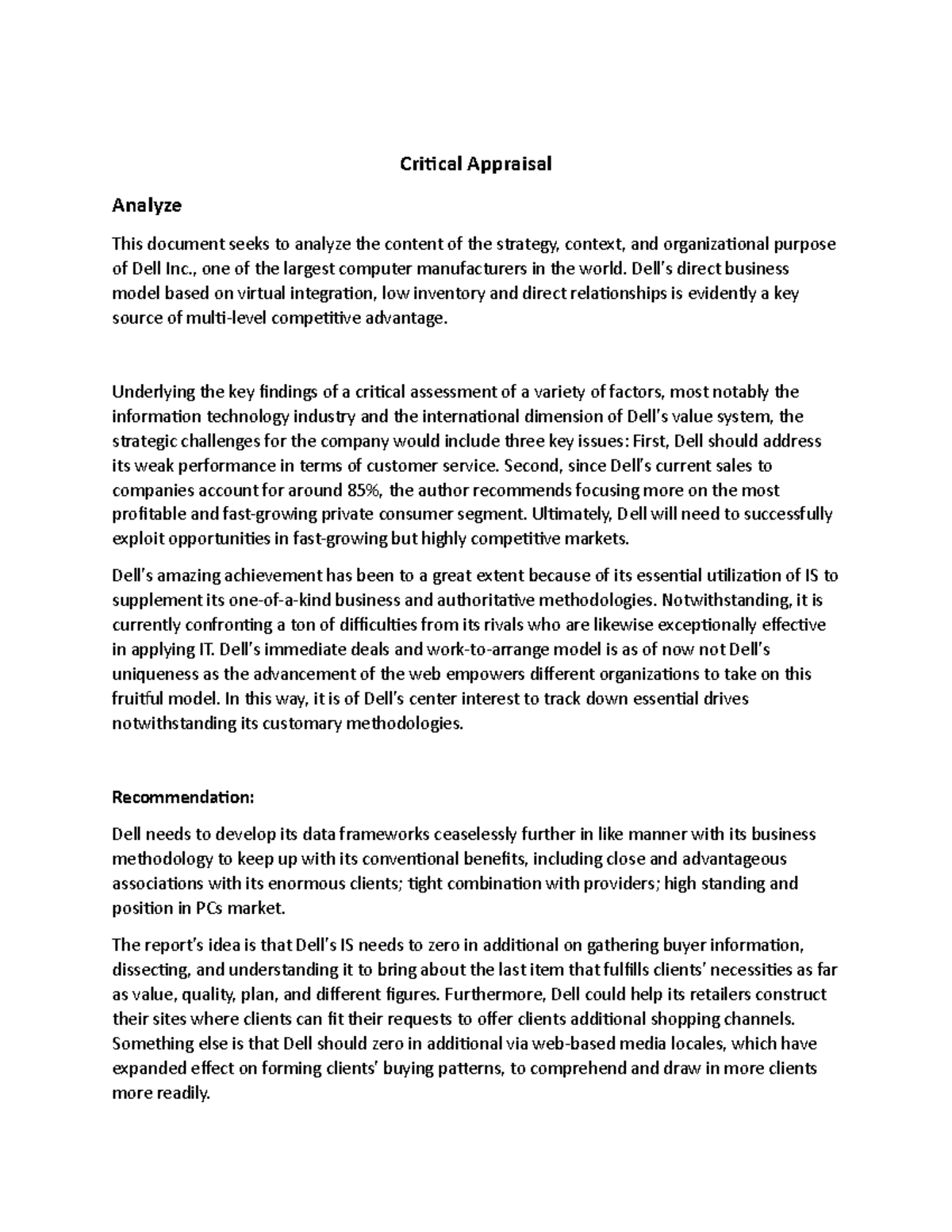 Critical Appraisal and detailed document on dell company - Critical ...