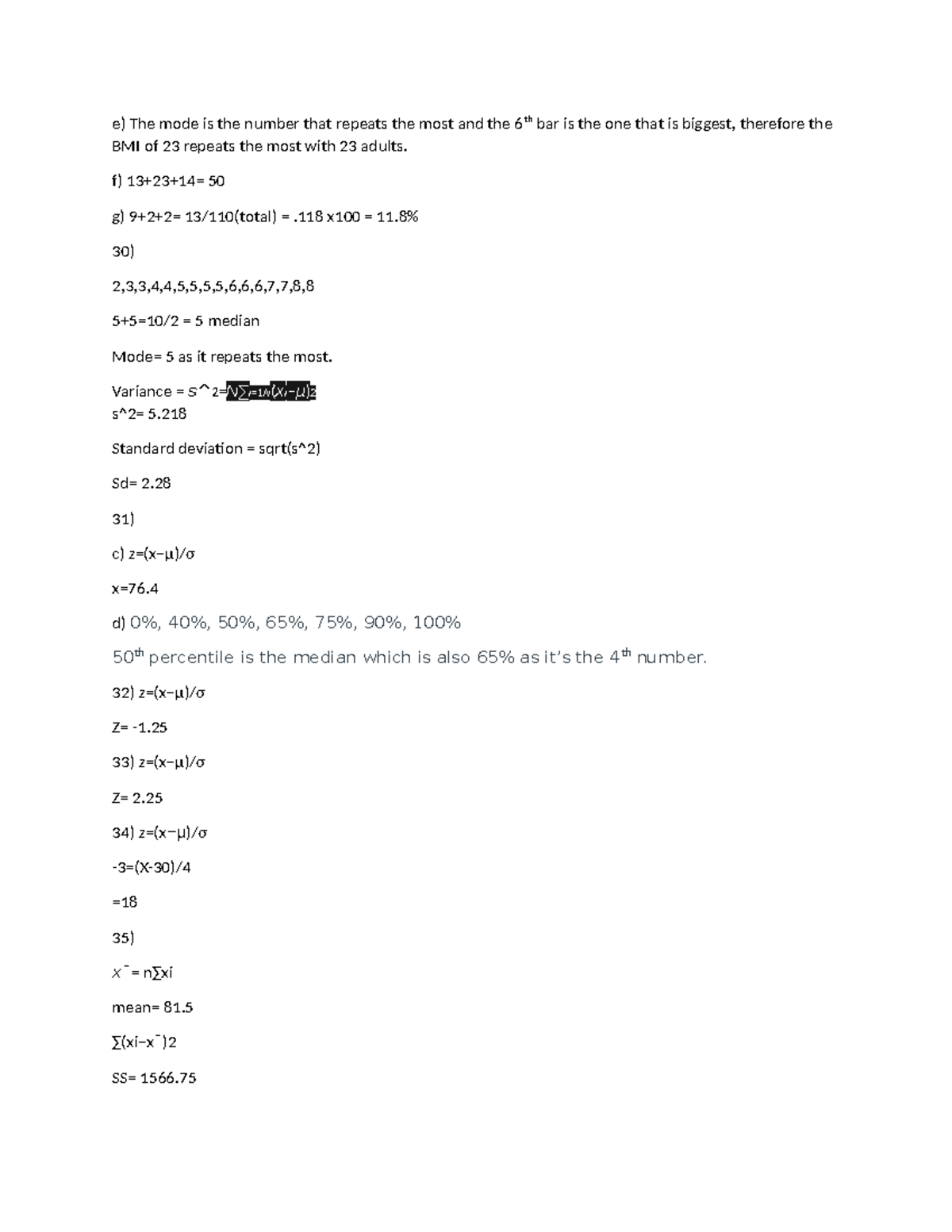 Test 1 work shown - e) The mode is the number that repeats the most and ...