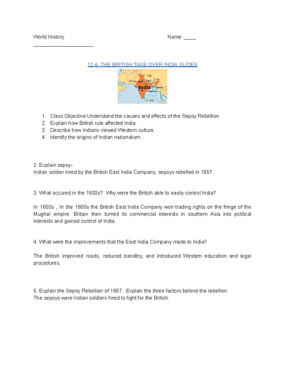 The British Take Over India Note Sheet - World History Name: ____ 12 ...