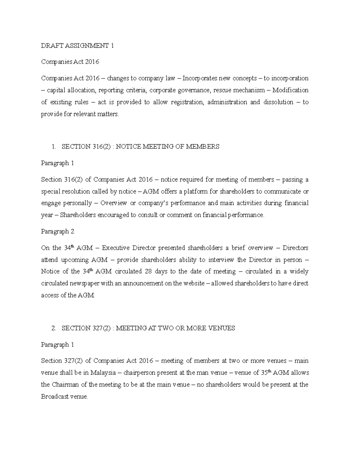 Draft Companies ACT 2016 - DRAFT ASSIGNMENT 1 Companies Act 2016 ...