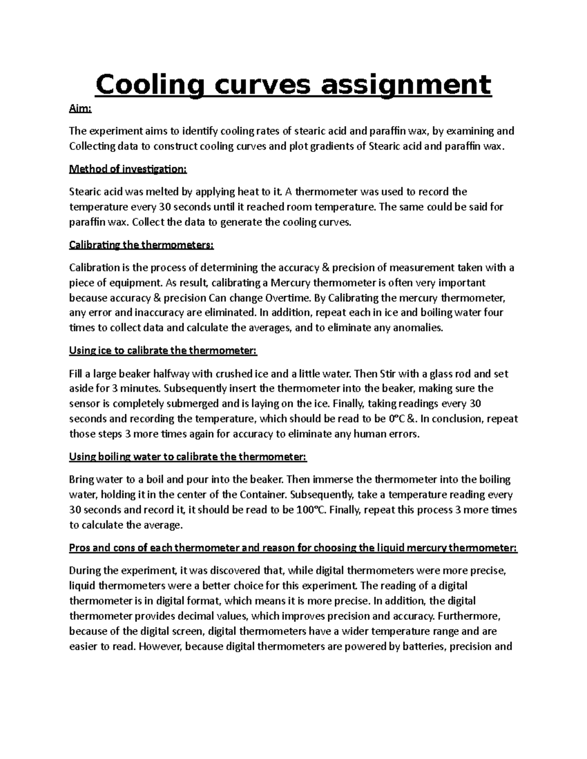 Chemistry assignment for cooling curves with analysis and graphs representing the cooling curves ...
