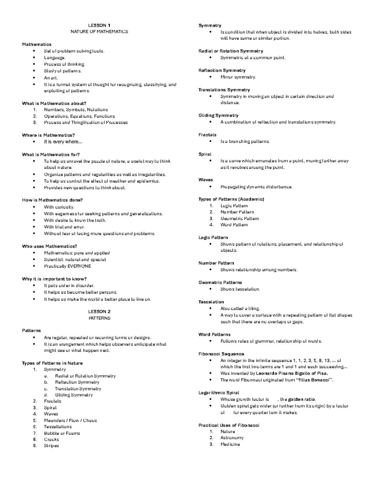 Prelims MATM - LESSON 1 NATURE OF MATHEMATICS Mathematics - Set of problem solving tools ...