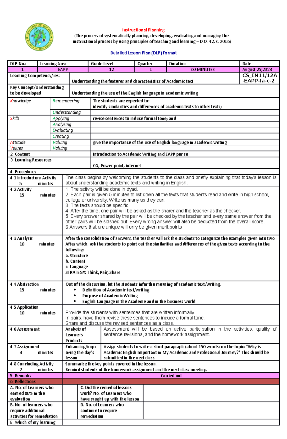 DLP 1 - For senior high school students - Instructional Planning (The ...