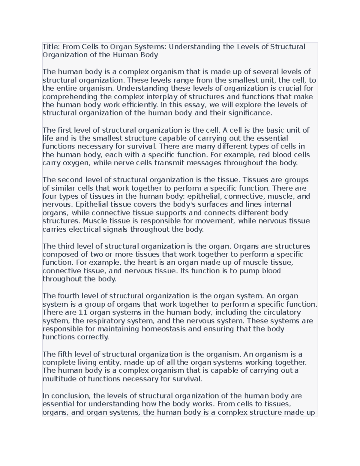 From Cells to Organ Systems - Understanding the Levels of Structural ...