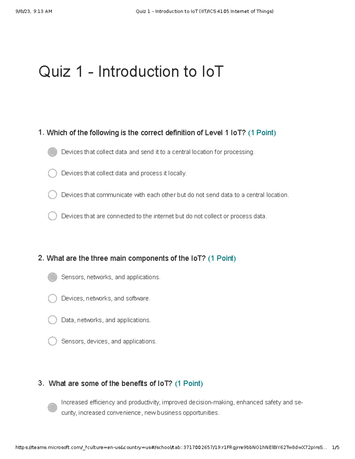 General (IIT ICS 4105 Internet of Things) Microsoft Teams - Quiz 1 - Introduction to IoT Devices ...