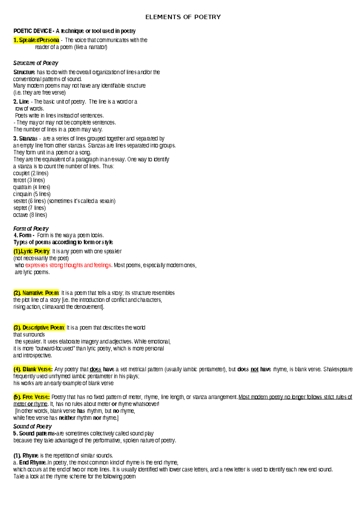 Notes on Poetry - ELEMENTS OF POETRY POETIC DEVICE - A technique or ...