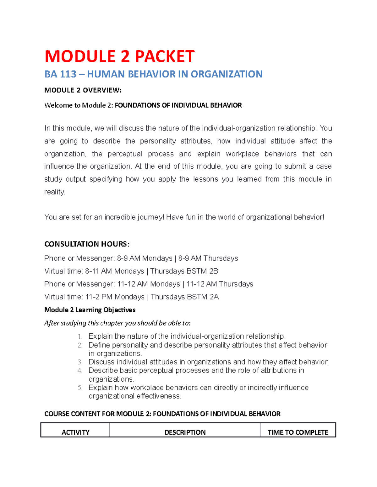 Module 2 - f Oundatiion OF Individual Behavior - MODULE 2 PACKET BA 113 ...