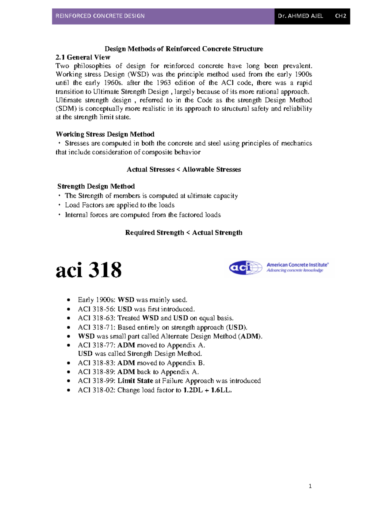 Design Methods of Reinforced Concrete - Working stress Design (WSD) was ...