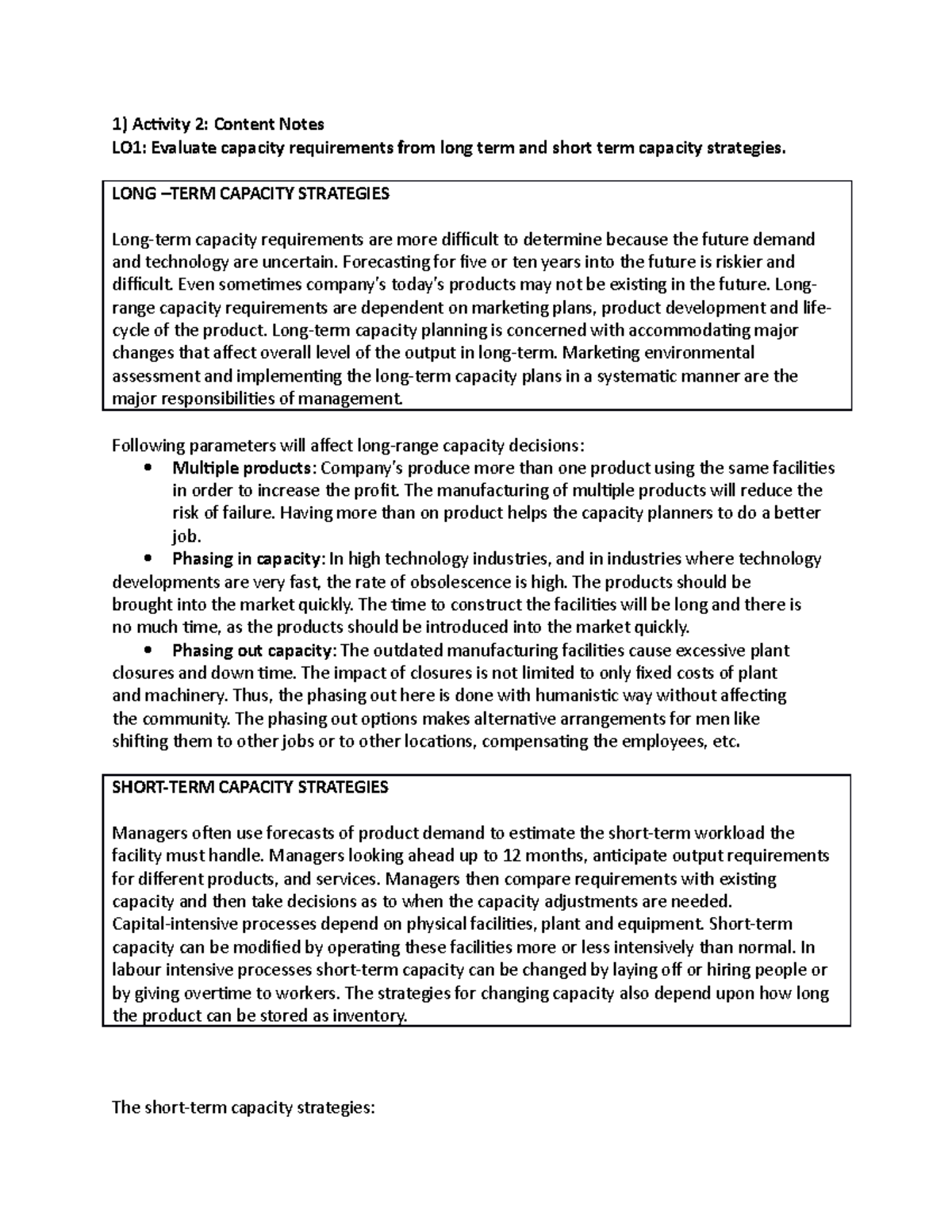 Capacity Planning - Activity 2: Content Notes LO1: Evaluate capacity ...